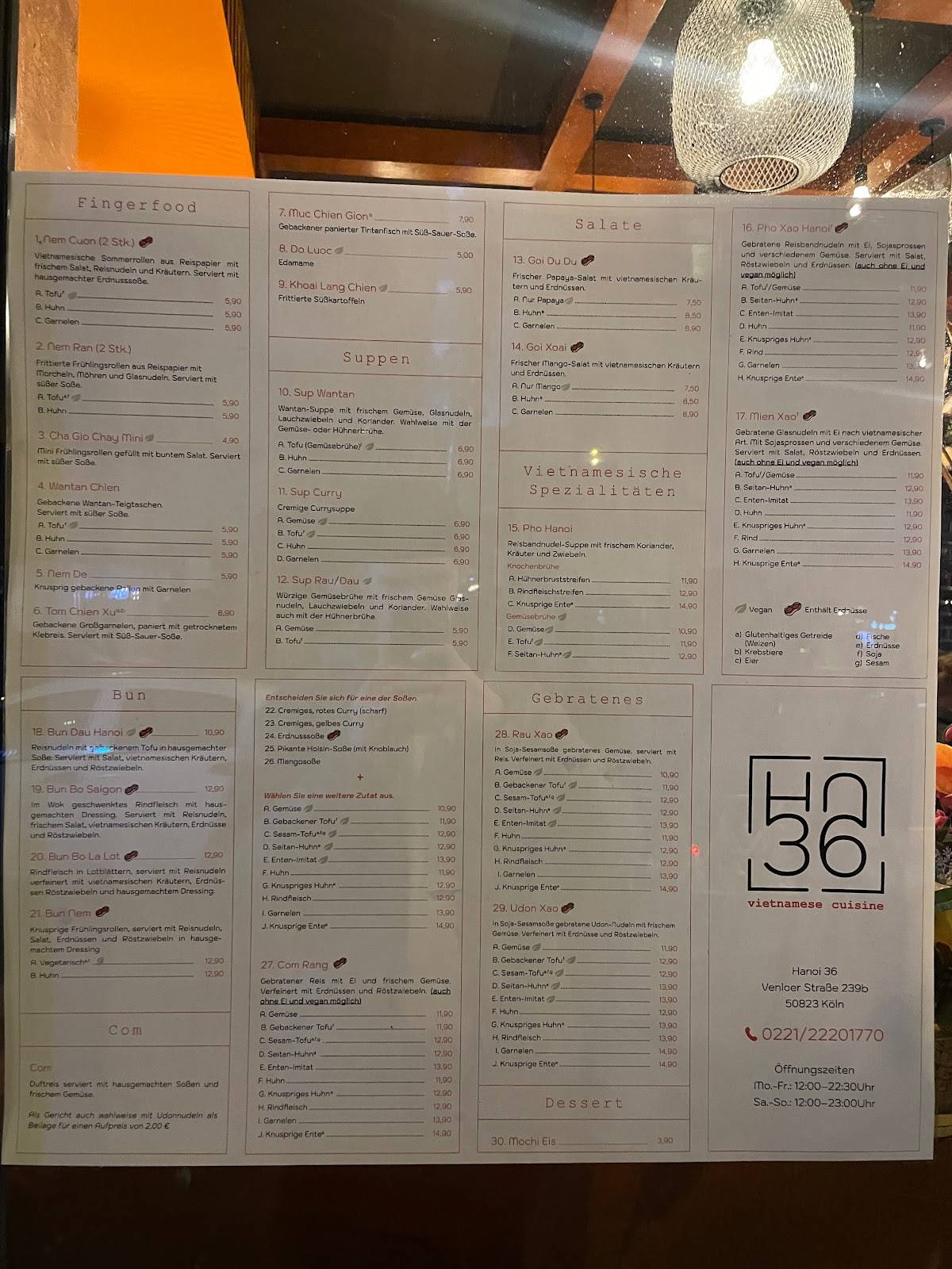 Speisekarte von Hanoi 36 restaurant, Köln