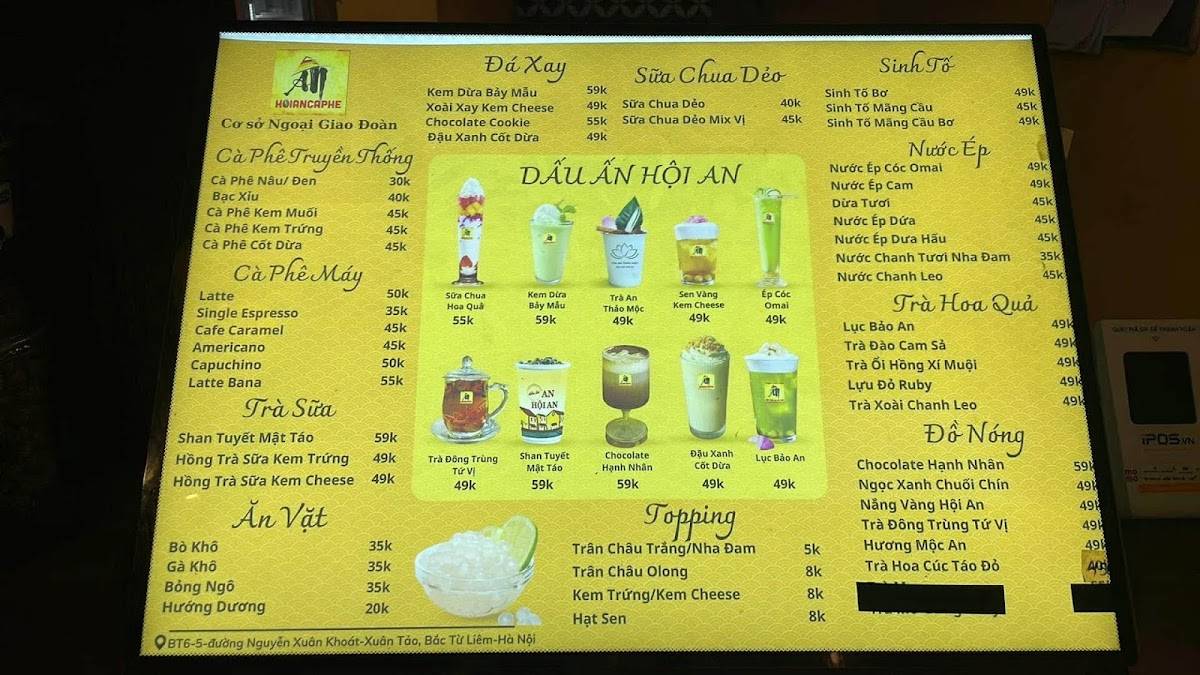 Menu at An Hội An Cà Phê - cơ sở Ngoại Giao Đoàn, Hanoi