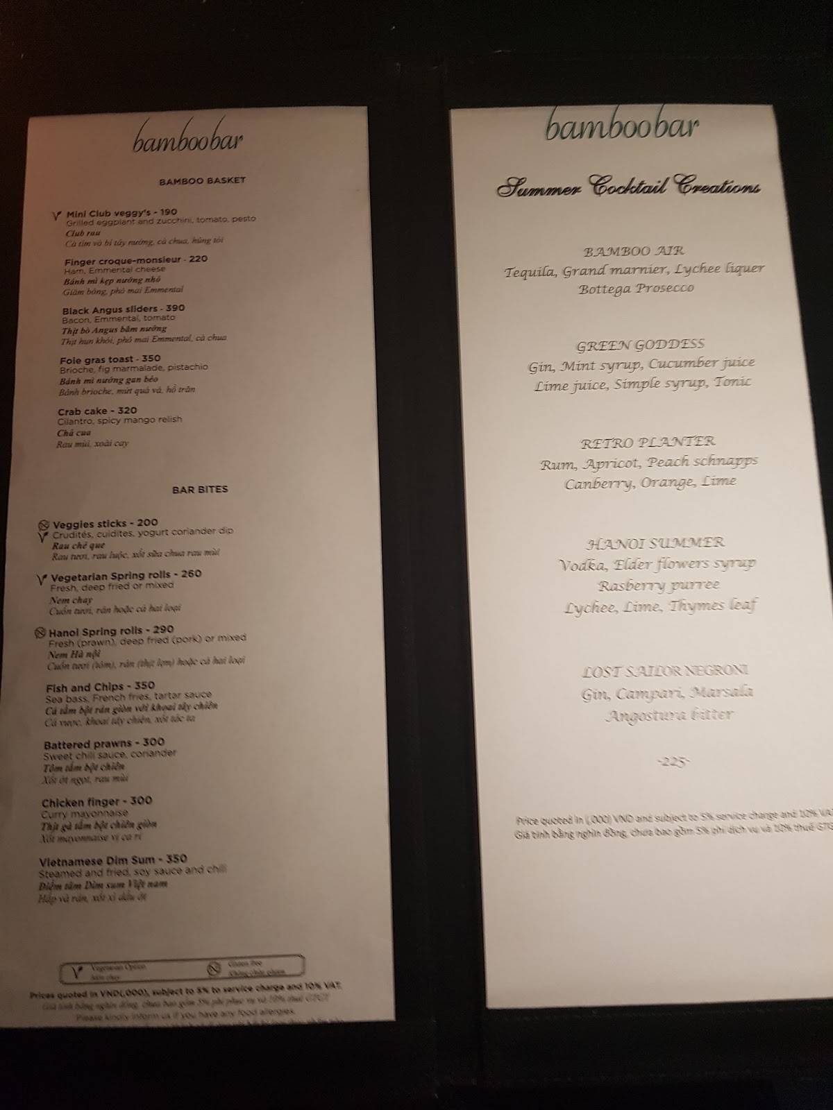 Menu at Bamboo Bar, Hanoi