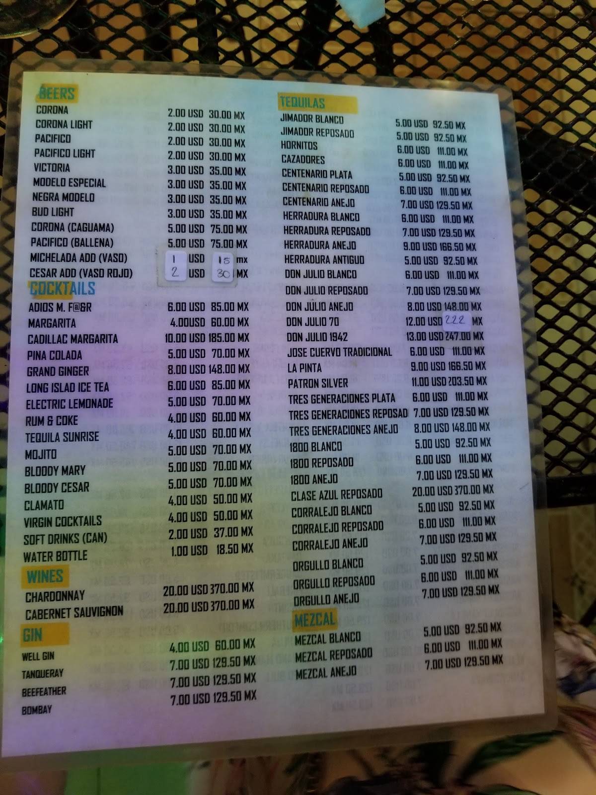 Menu at Happy Ending Cantina pub & bar, Cabo San Lucas, Blvd. Paseo de ...