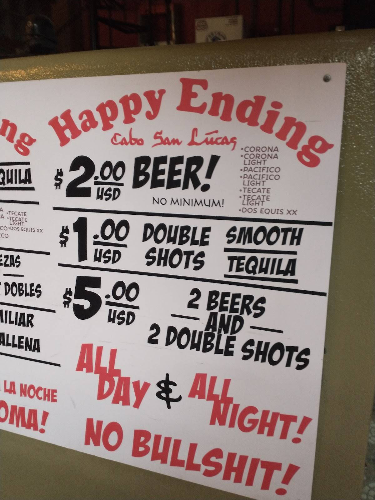 Menu at Happy Ending Cantina pub & bar, Cabo San Lucas, Blvd. Paseo de ...