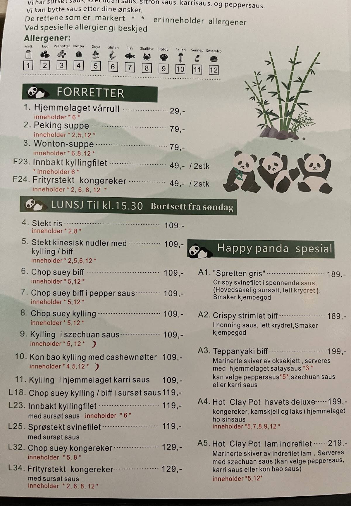 Menu at Happy Panda restaurant, Norway