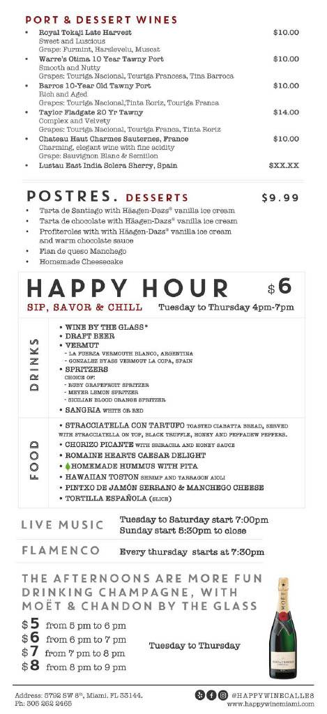 Carta del pub y bar Happy Wine Calle Ocho, Miami