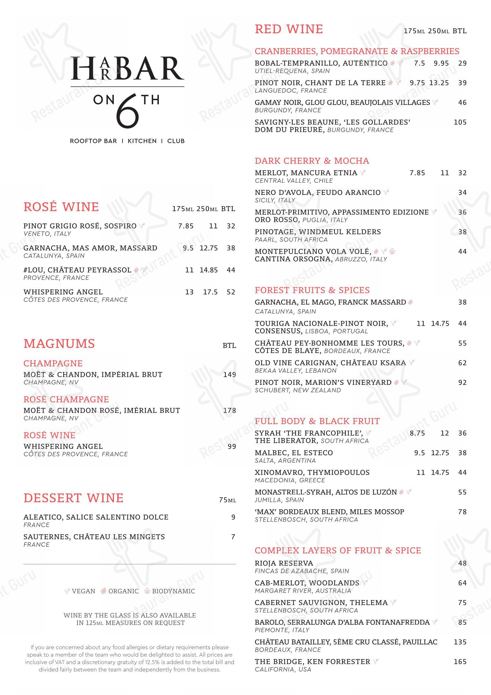 Menu at HarBAR on 6th, Southampton