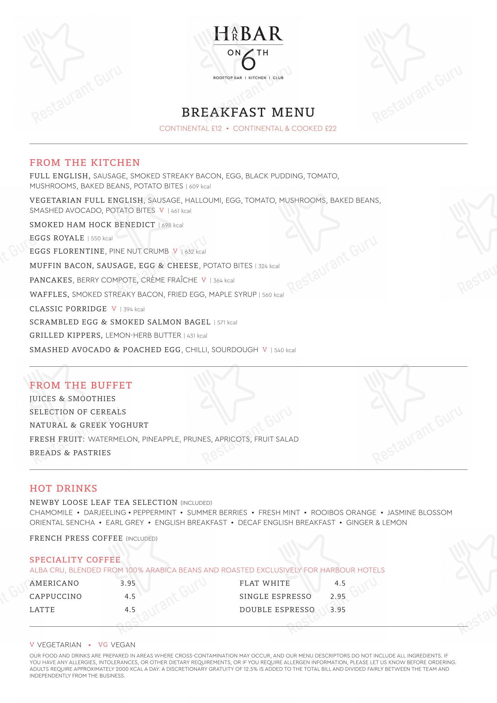 Menu at HarBAR on 6th, Southampton
