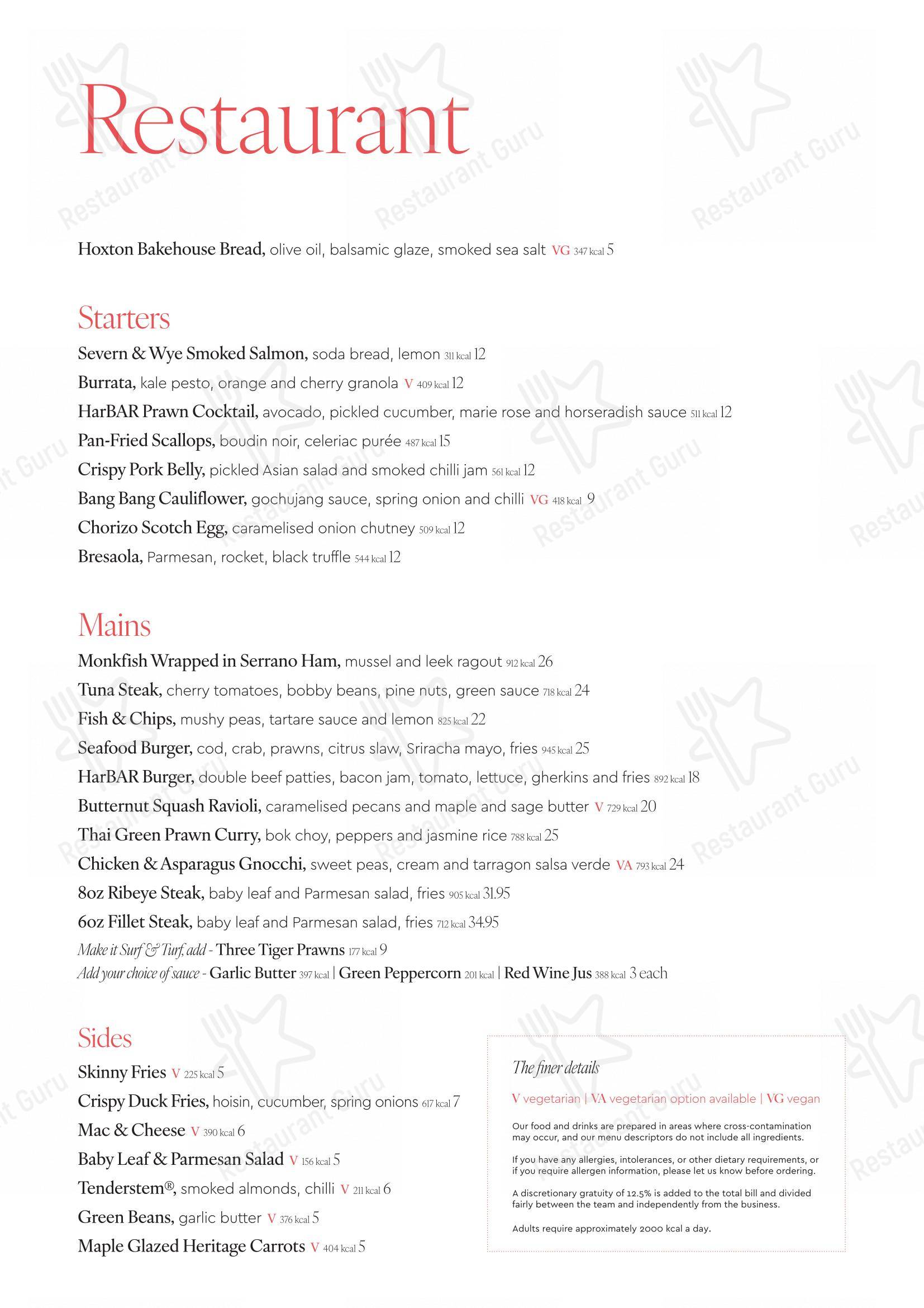 Menu at HarBAR on 6th, Southampton