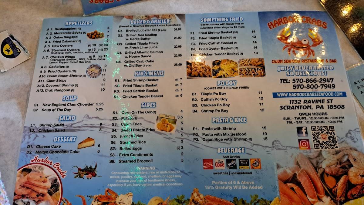 Menu at Harbor Crabs restaurant, Dickson City, Ravine St