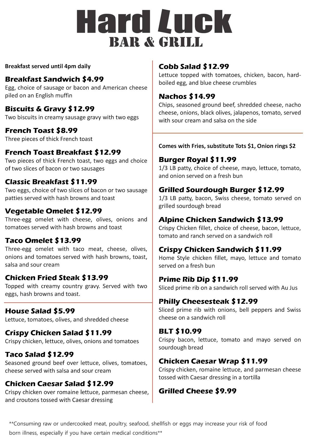 Menu at Hard Luck Bar & Grill, Tacoma