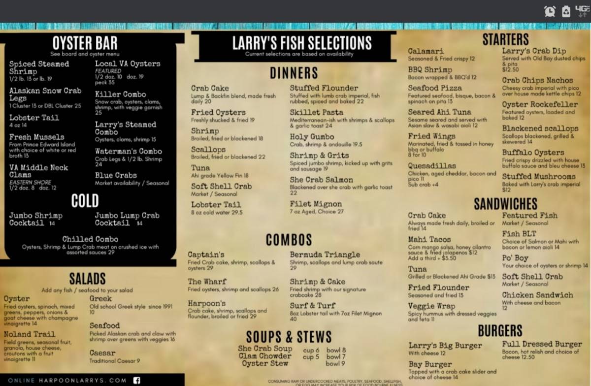 Menu at Harpoon Larry's Fish House & Oyster Bar, Newport News
