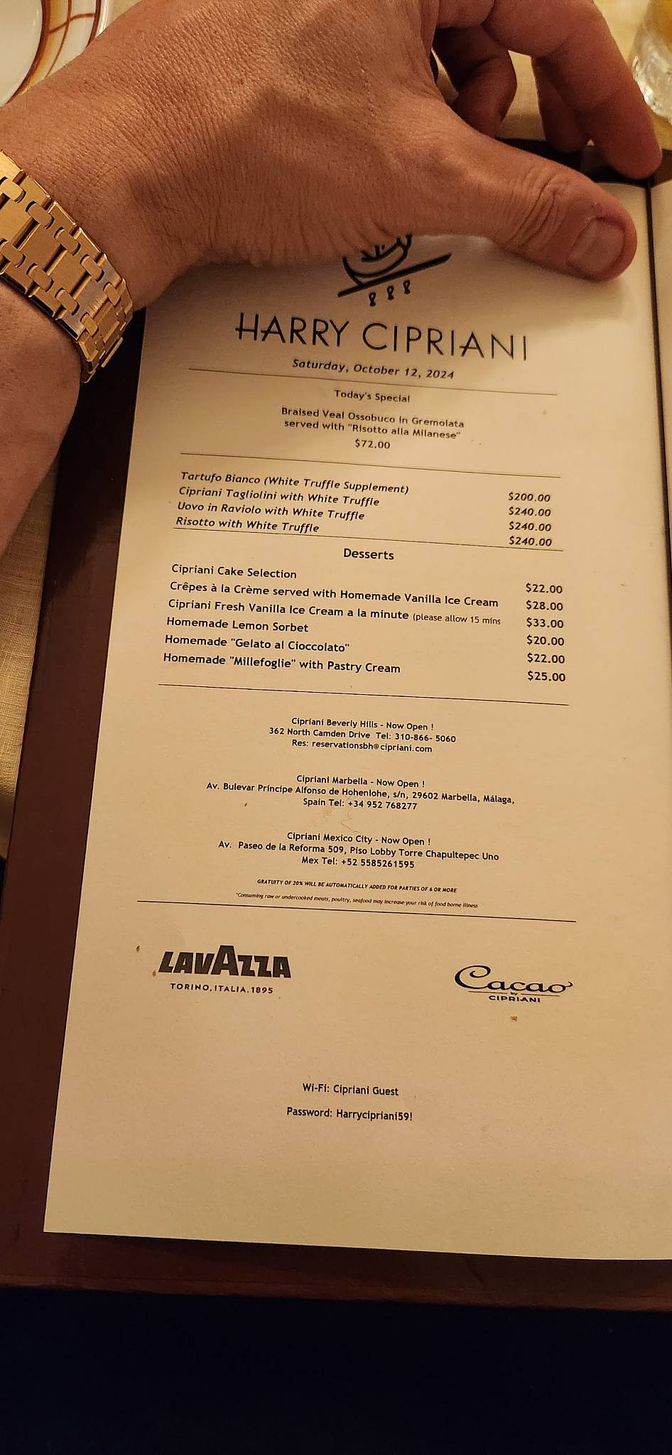Menu at Harry Cipriani restaurant, West New York, 781 5th Ave