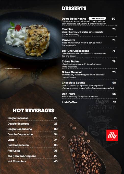 Menu at V8 Lounge & Skybar, Hartbeespoort