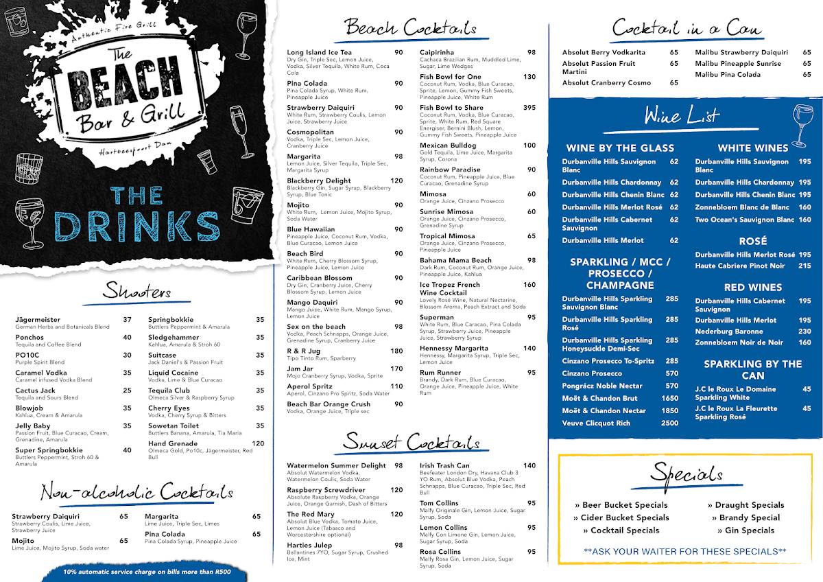 Menu at The Beach Bar & Grill, Hartbeespoort