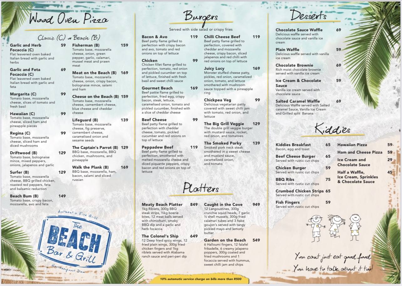 Menu at The Beach Bar & Grill, Hartbeespoort