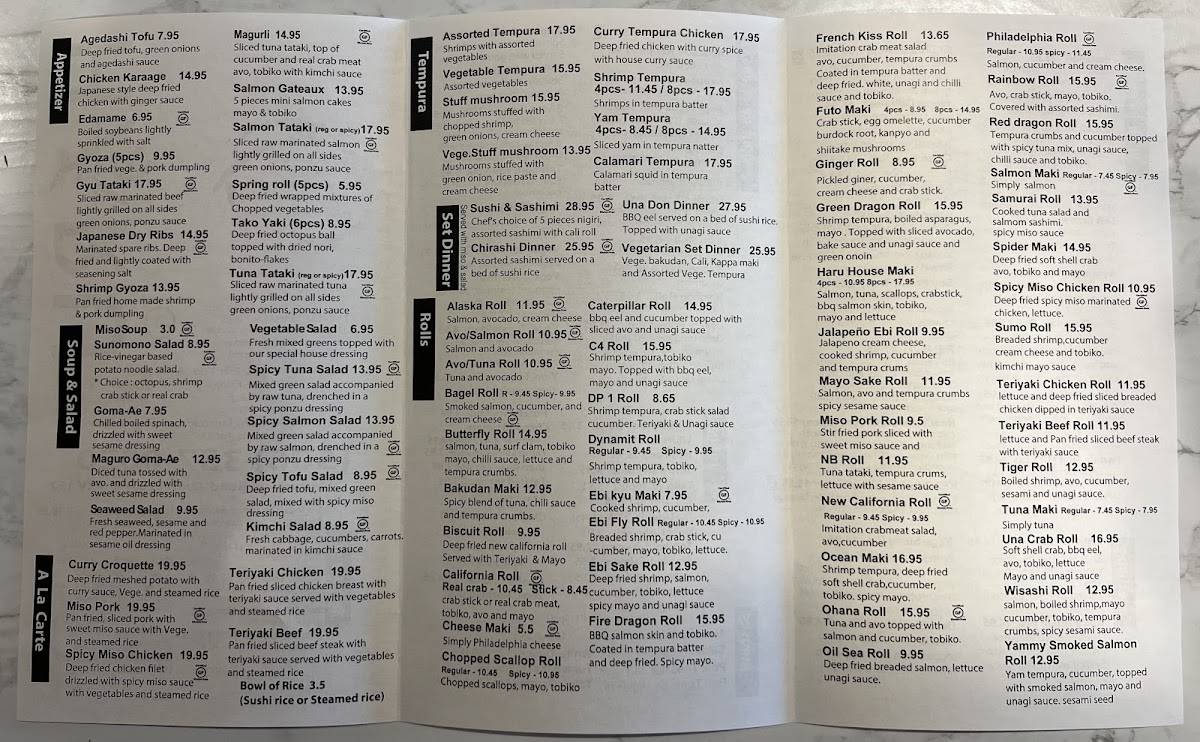 Menu at Haru Japanese Fusion restaurant, Oromocto