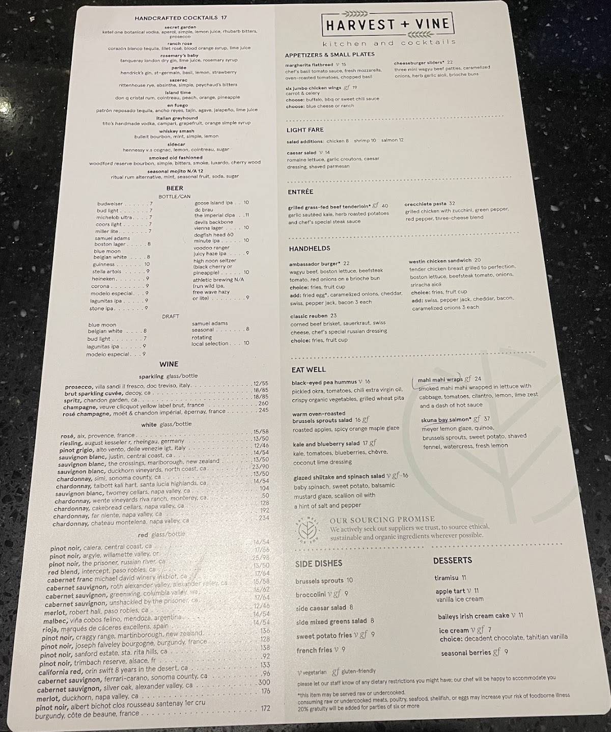 Menu at Harvest + Vine pub & bar, Reston