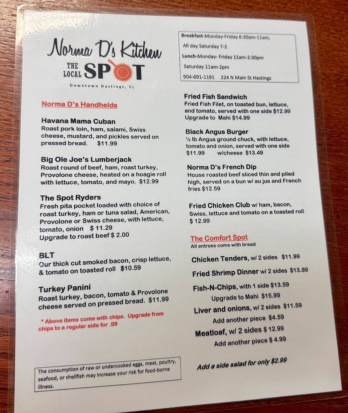 Menu at Norma D’s restaurant, Hastings