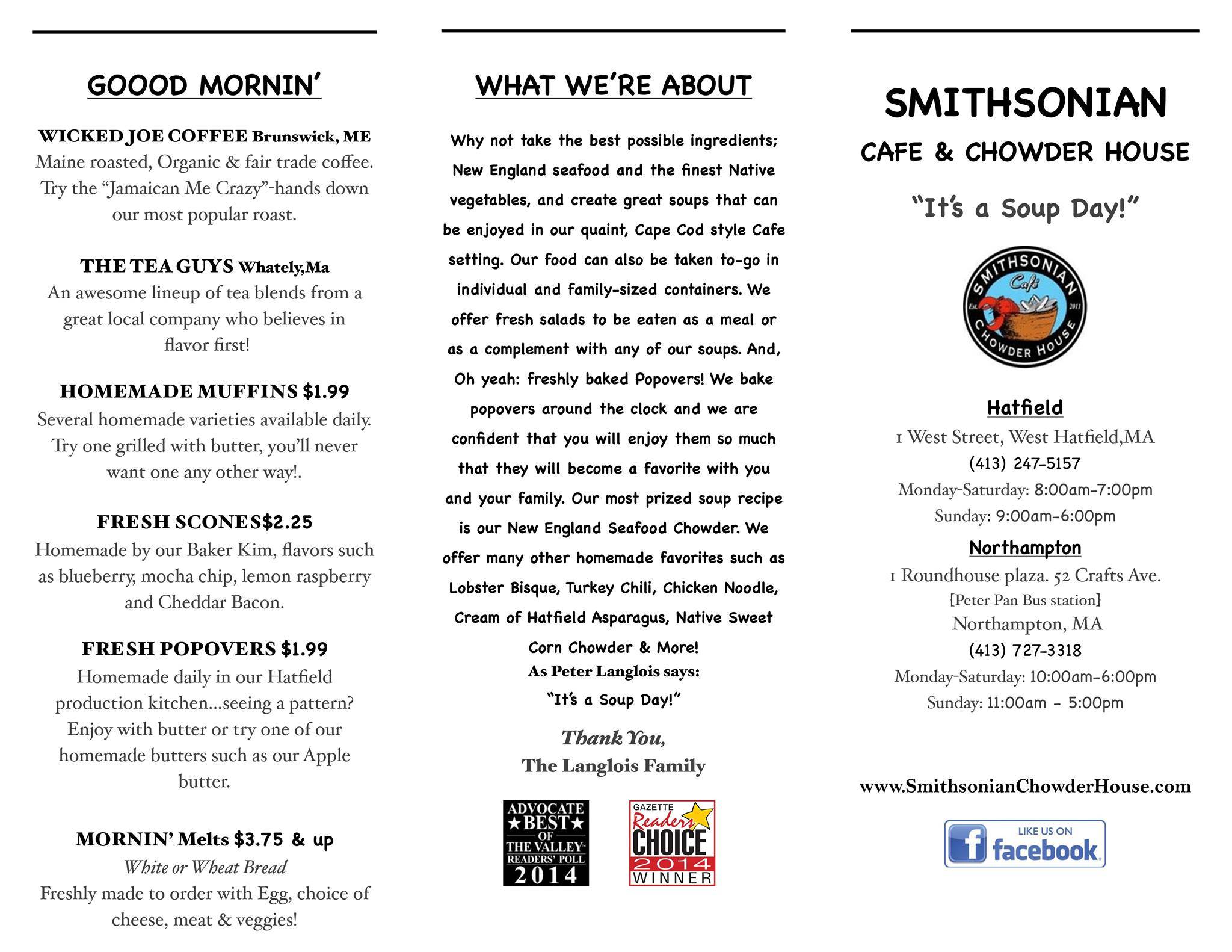 Menu at Smithsonian Cafe and Chowderhouse, Hatfield