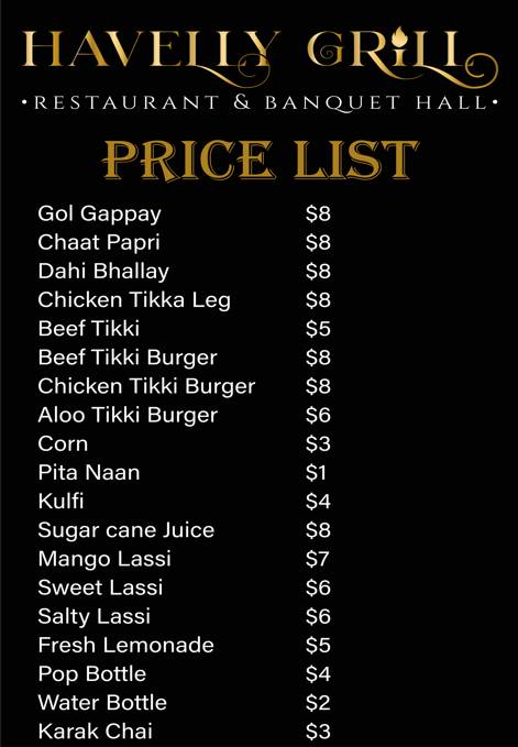 Carta de Havelly Grill Restaurant and Banquet Hall, Mississauga