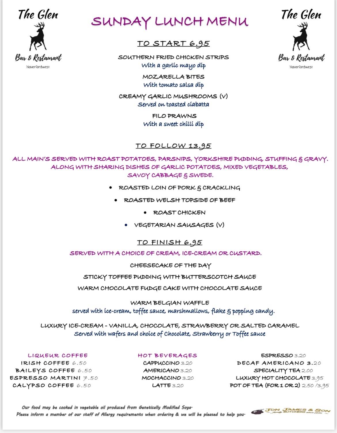 Menu at The Glen pub & bar, Haverfordwest