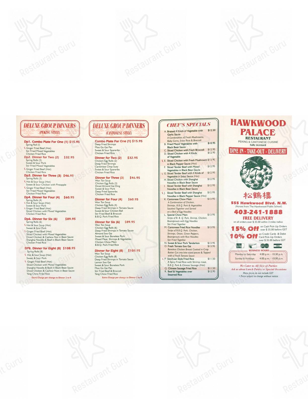 Menu at Hawkwood Palace Restaurant, Calgary