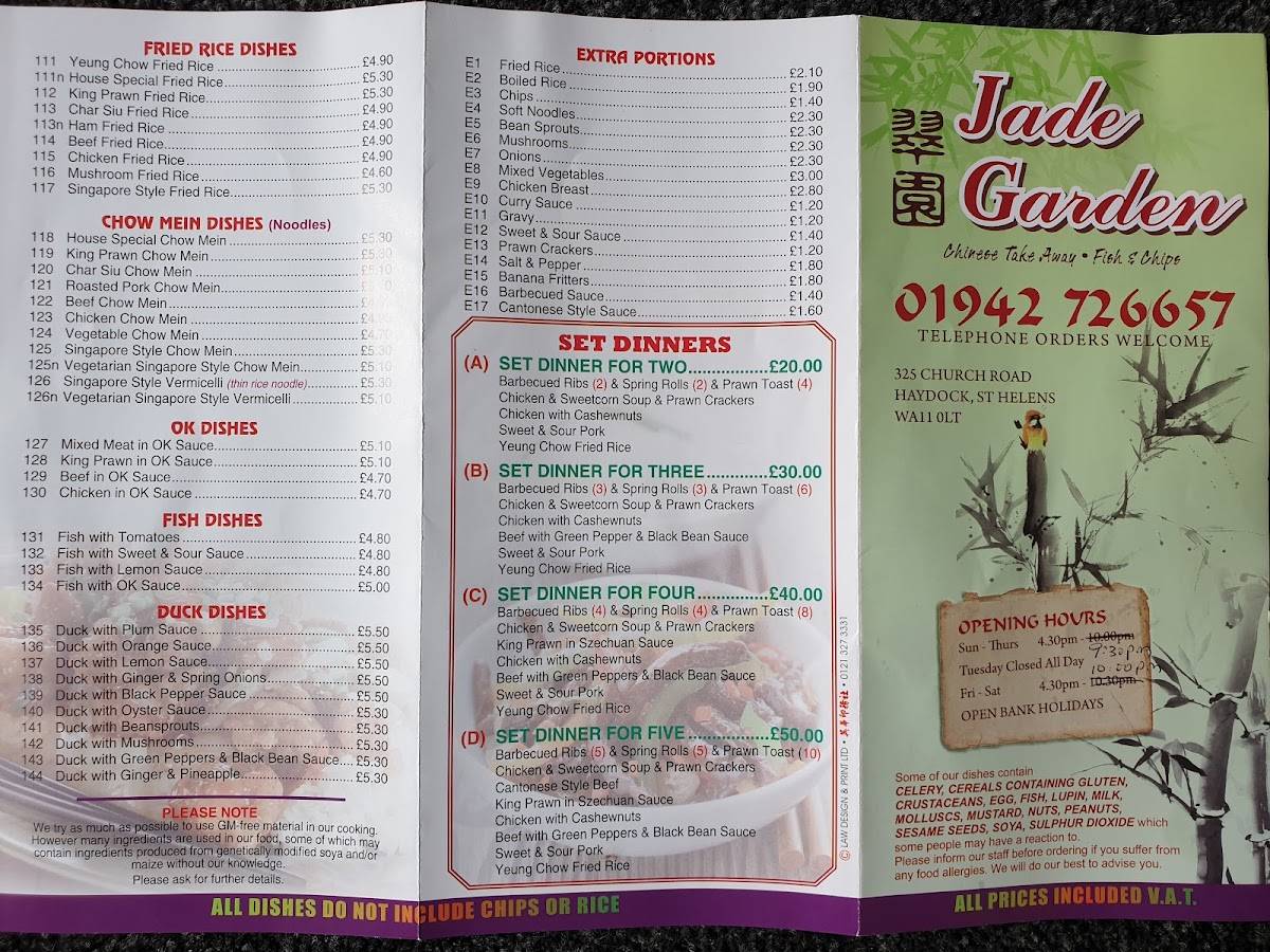 Menu at Jade Garden fast food, St Helens
