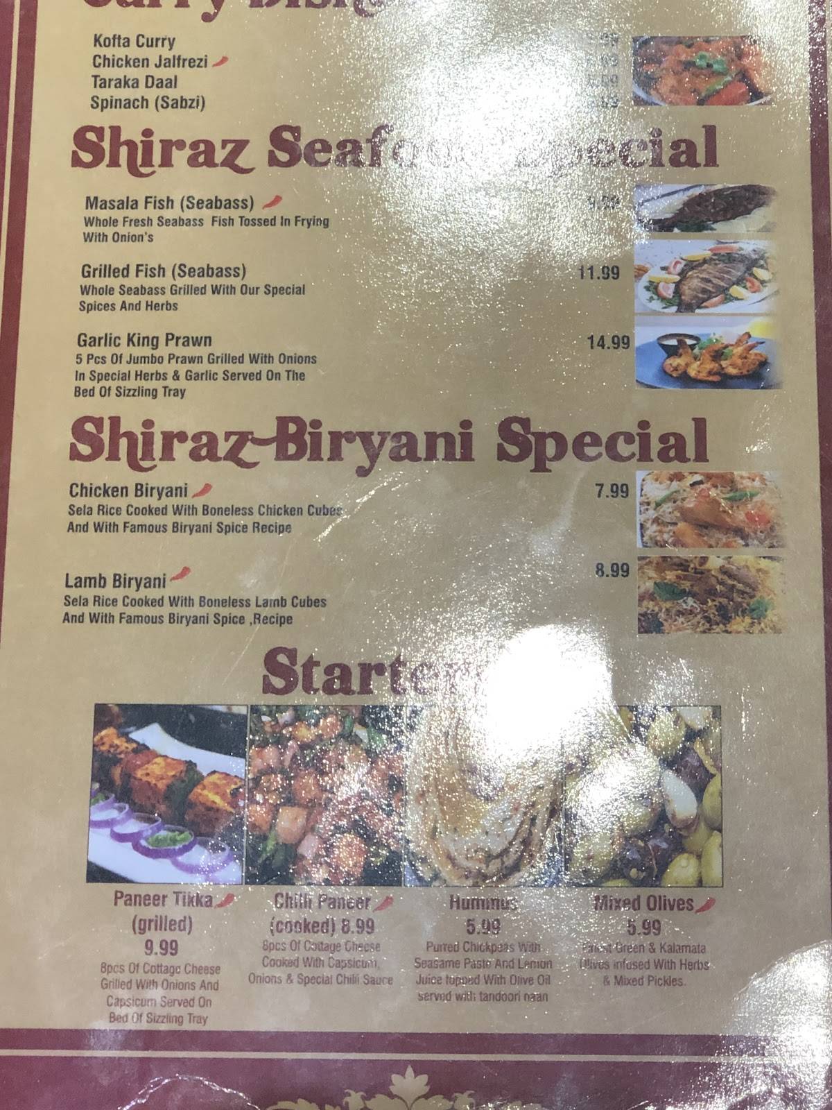 Menu at Shiraz Restaurant, Hayes