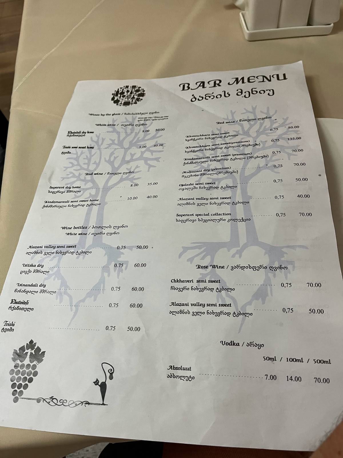 Menu at Heart of Batumi restaurant, Batumi, 11 Giorgi Mazniashvili St