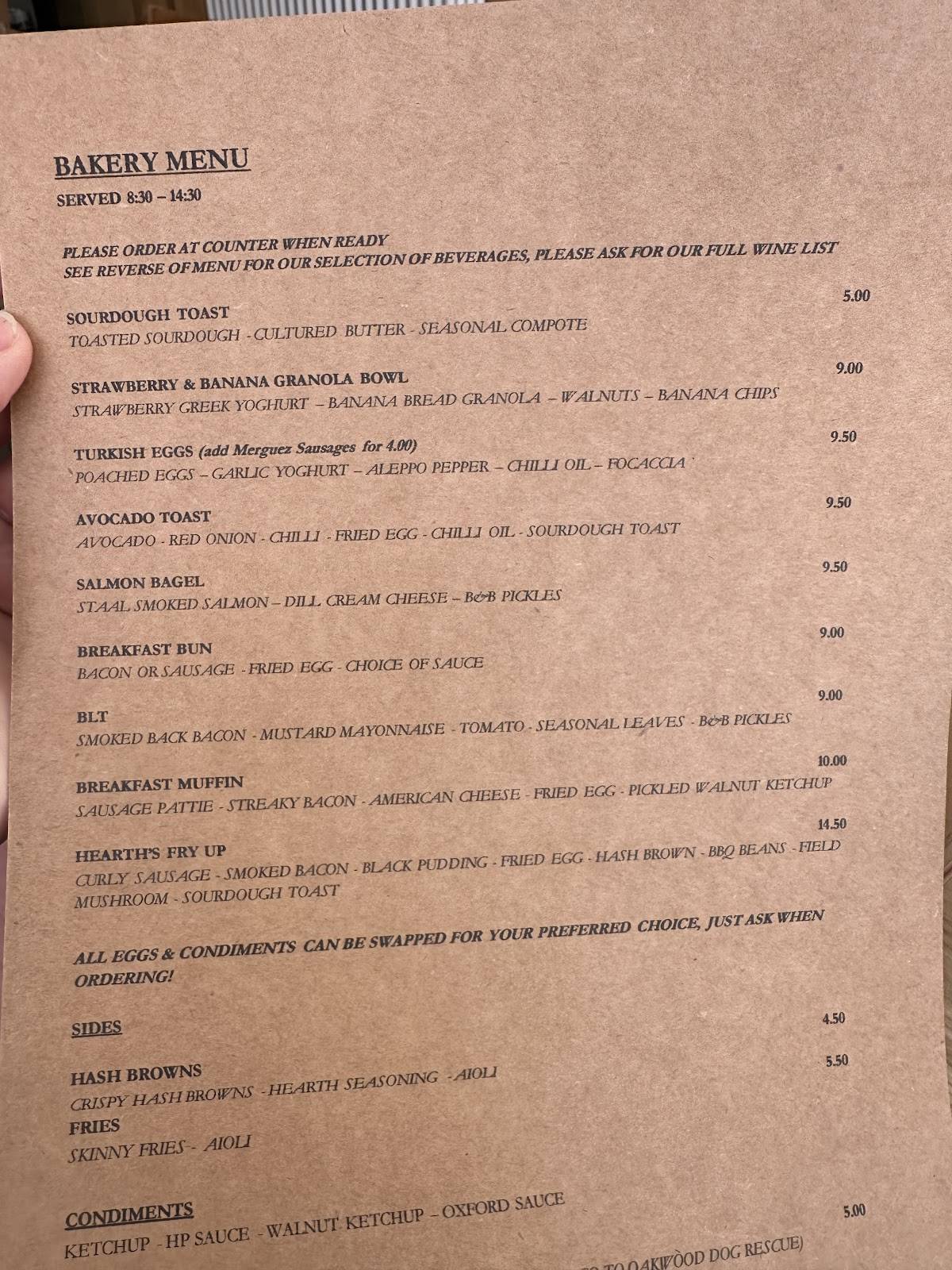 Menu at Hearth Restaurant and Bakery, Hull