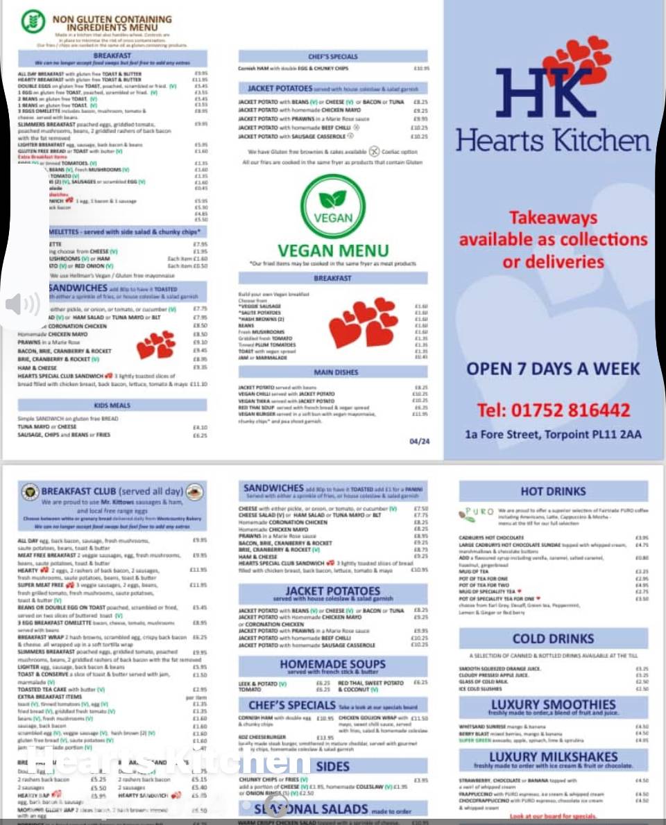 Menu at Hearts Kitchen cafe, Torpoint