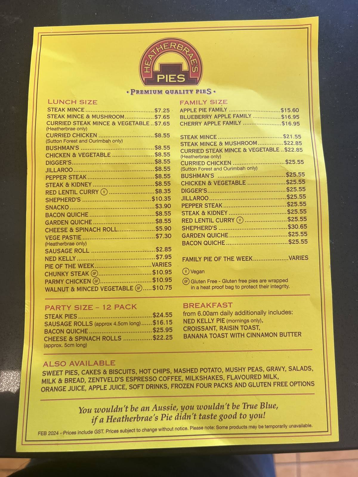 Menu at Heatherbrae's Pies cafe, Heatherbrae