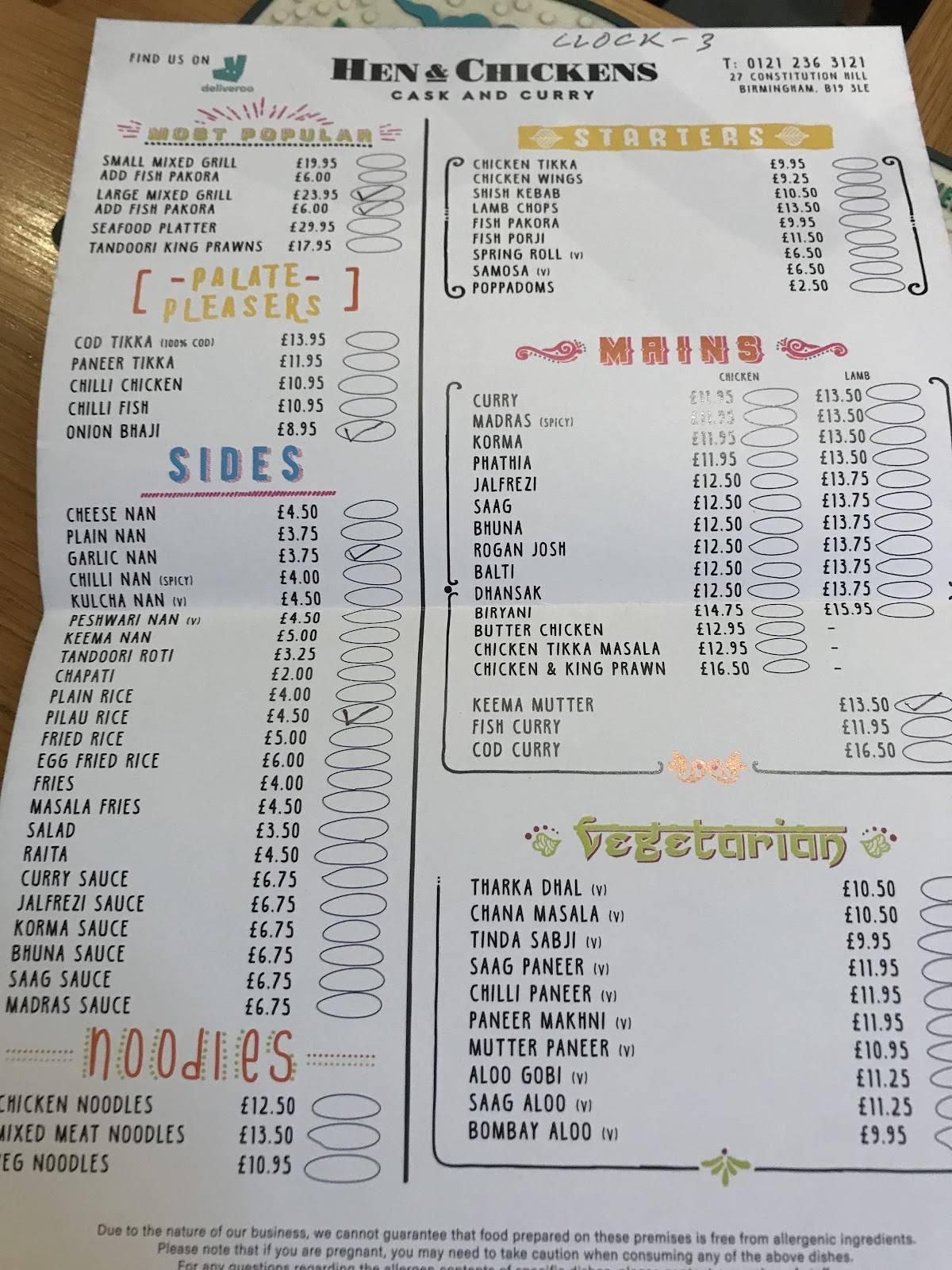 Menu at Hen & Chickens pub & bar, Birmingham