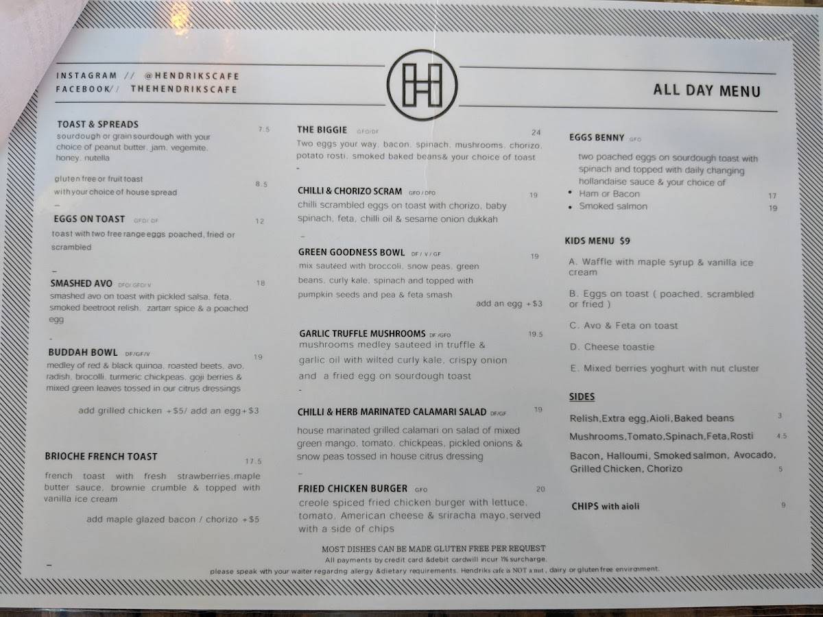 Menu at Hendriks Cafe, Mordialloc