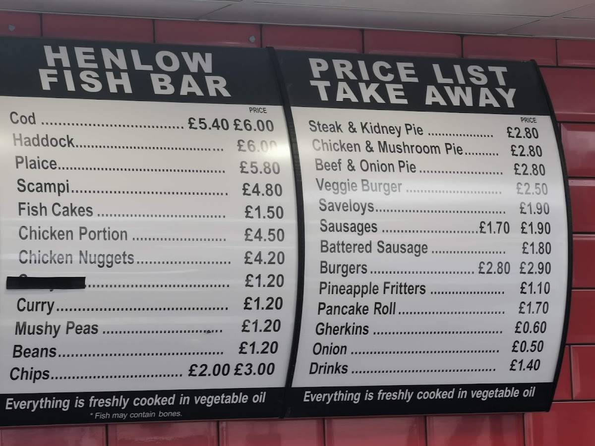 Menu at Henlow Fish and chips restaurant, Henlow