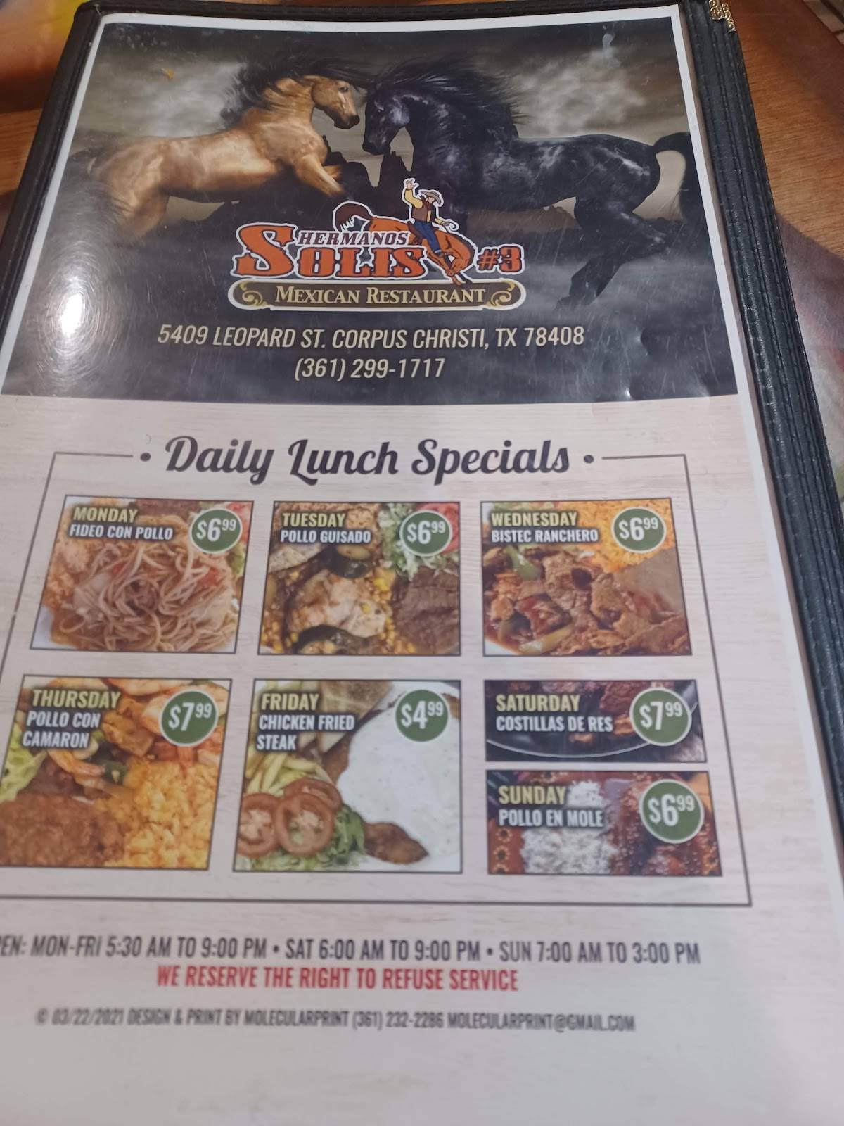 Menu at Hermanos Solis restaurant, Corpus Christi, 5409 Leopard St