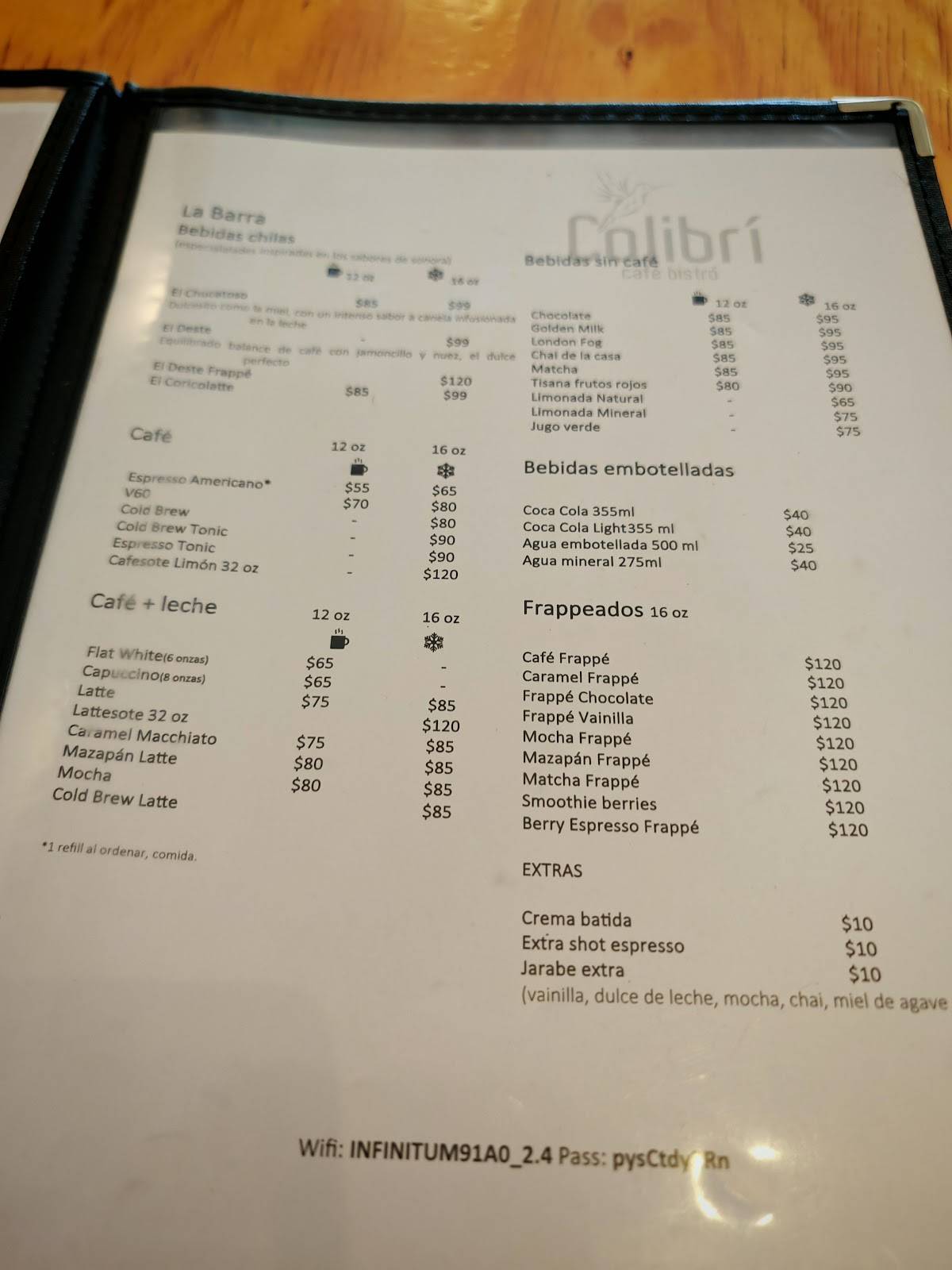 Carta de Colibrí Café, Hermosillo