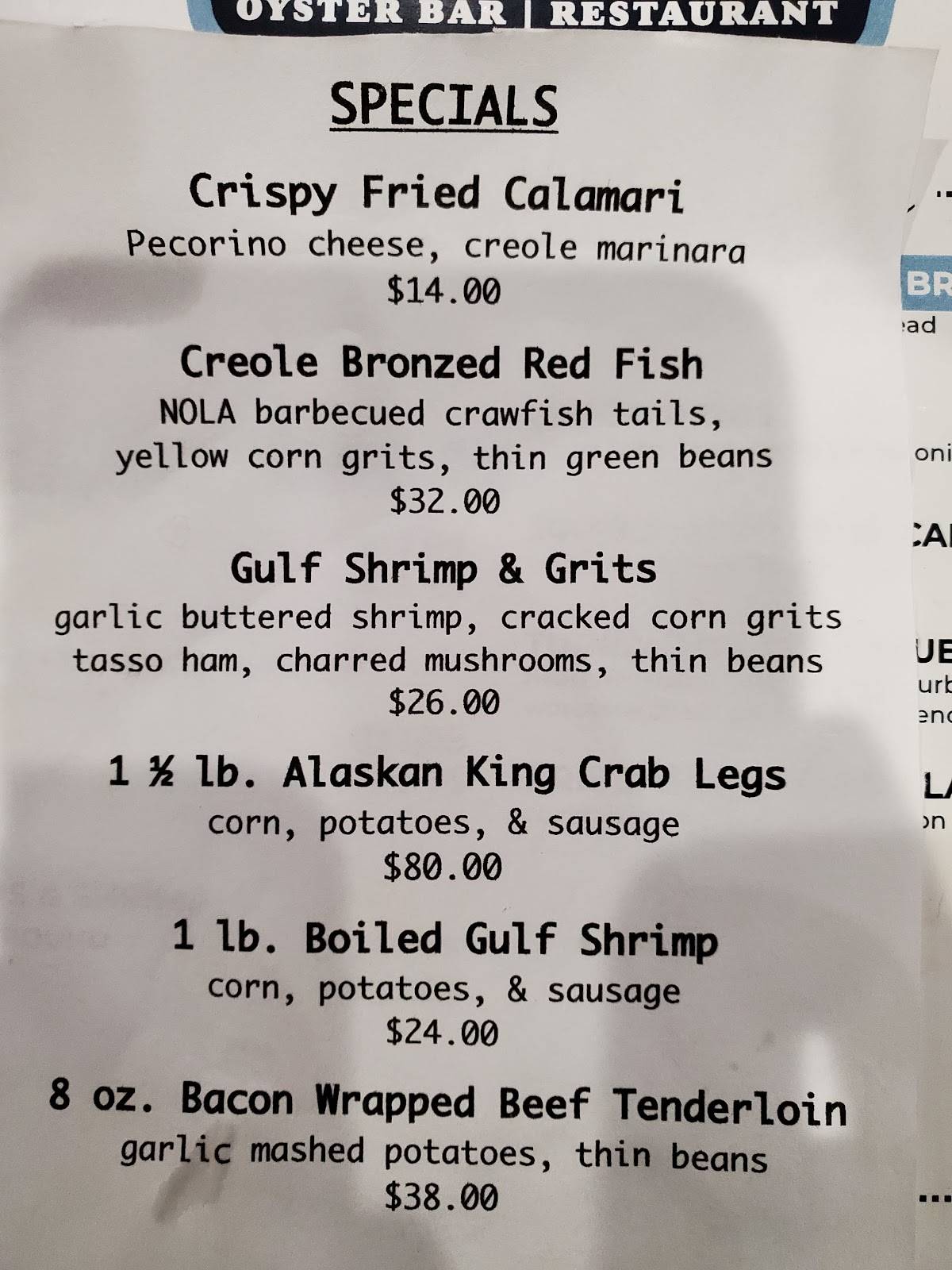 Menu at The Parish Oyster Bar & Restaurant, Hernando