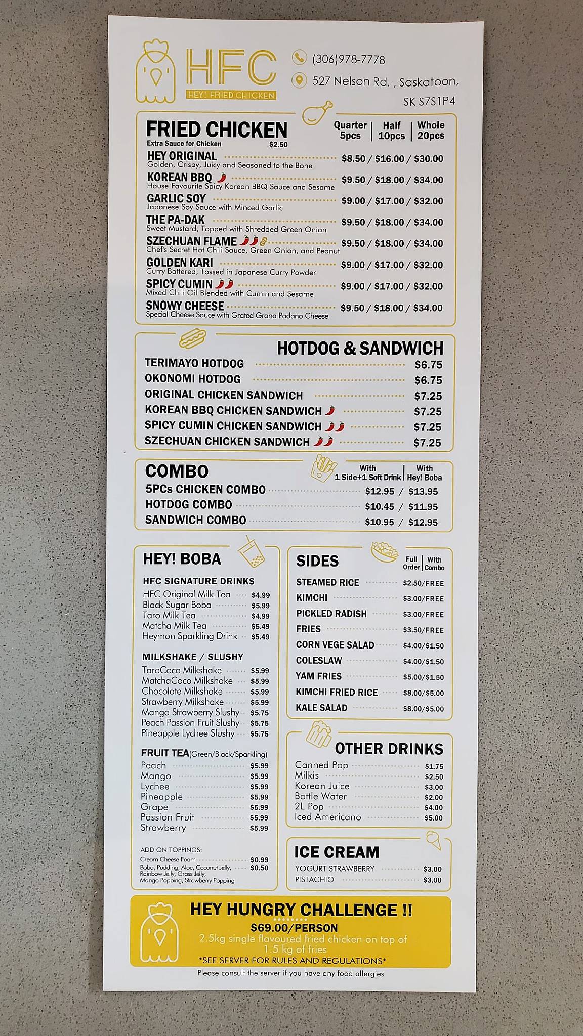 Menu at Hey Fried Chicken restaurant, Saskatoon