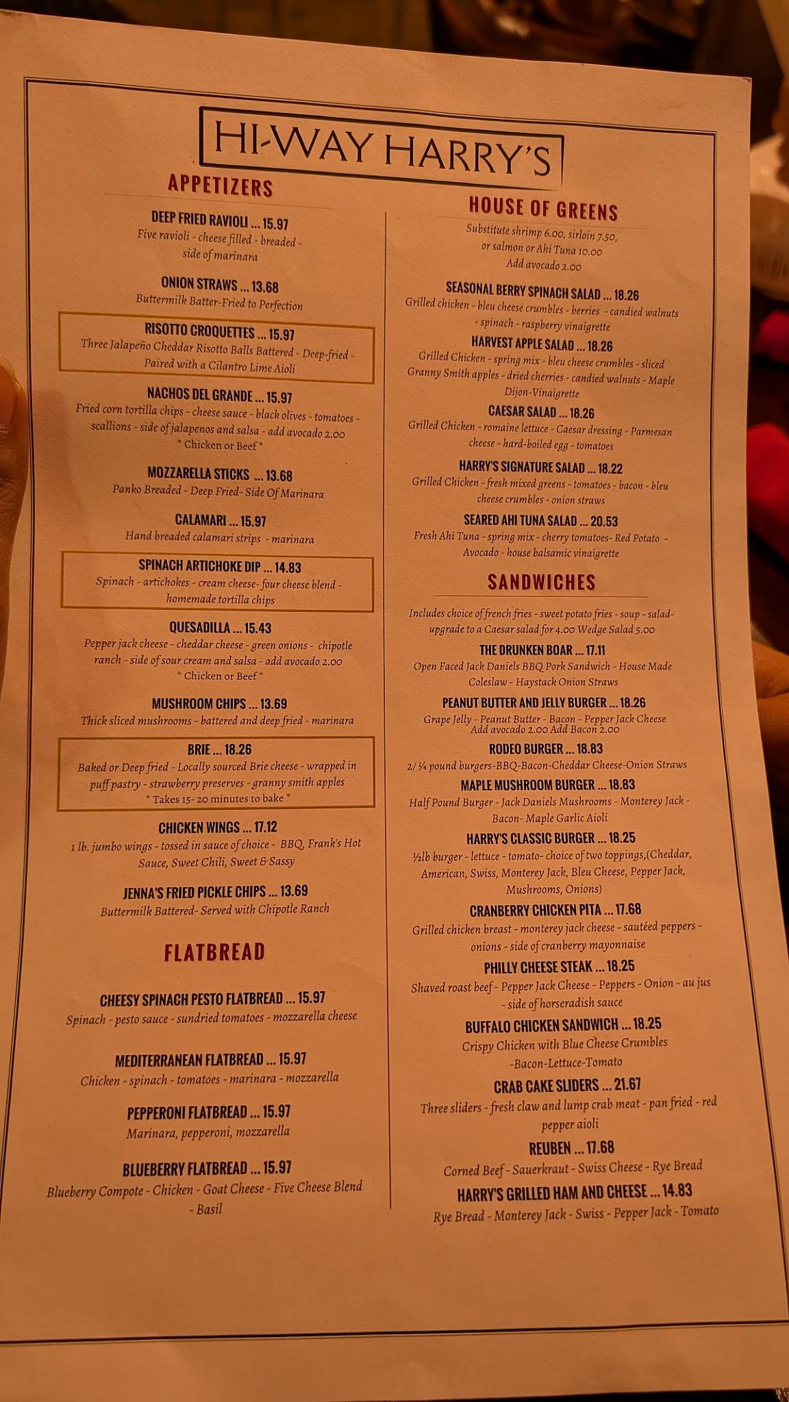 Menu at Hi-Way Harry's pub & bar, Johnson Creek