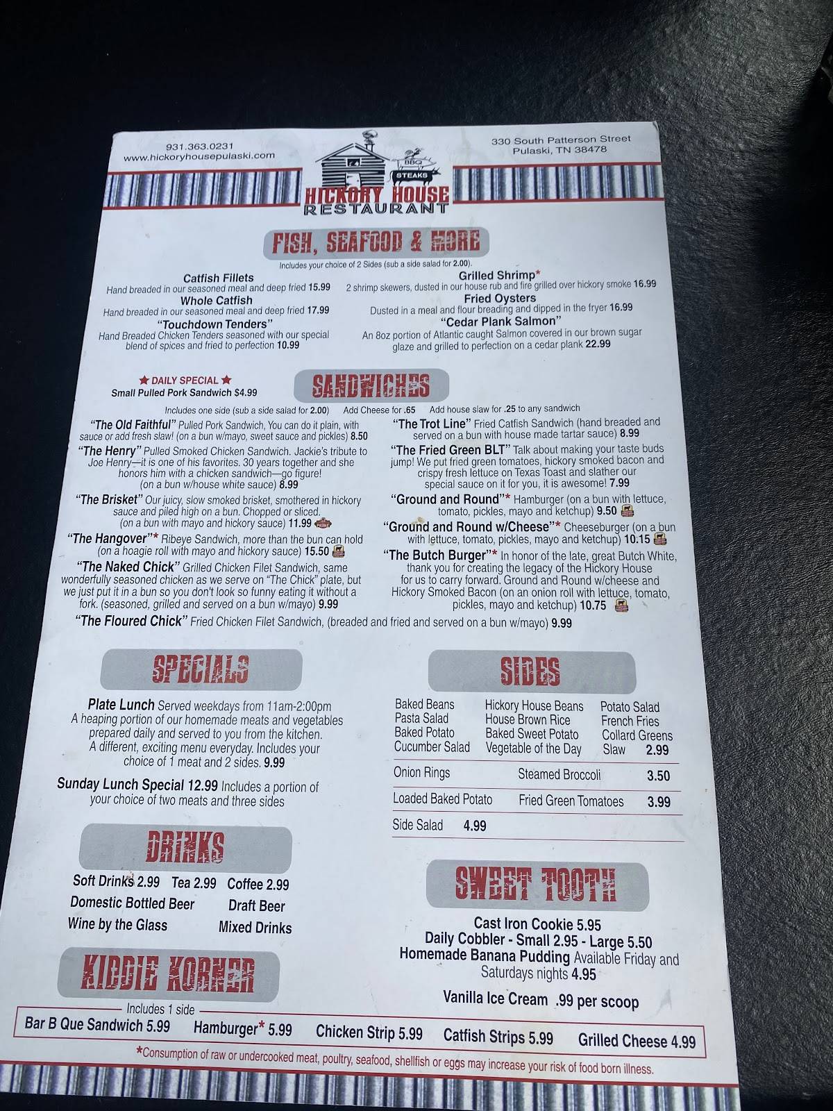 Menu at Hickory House Restaurant, Pulaski