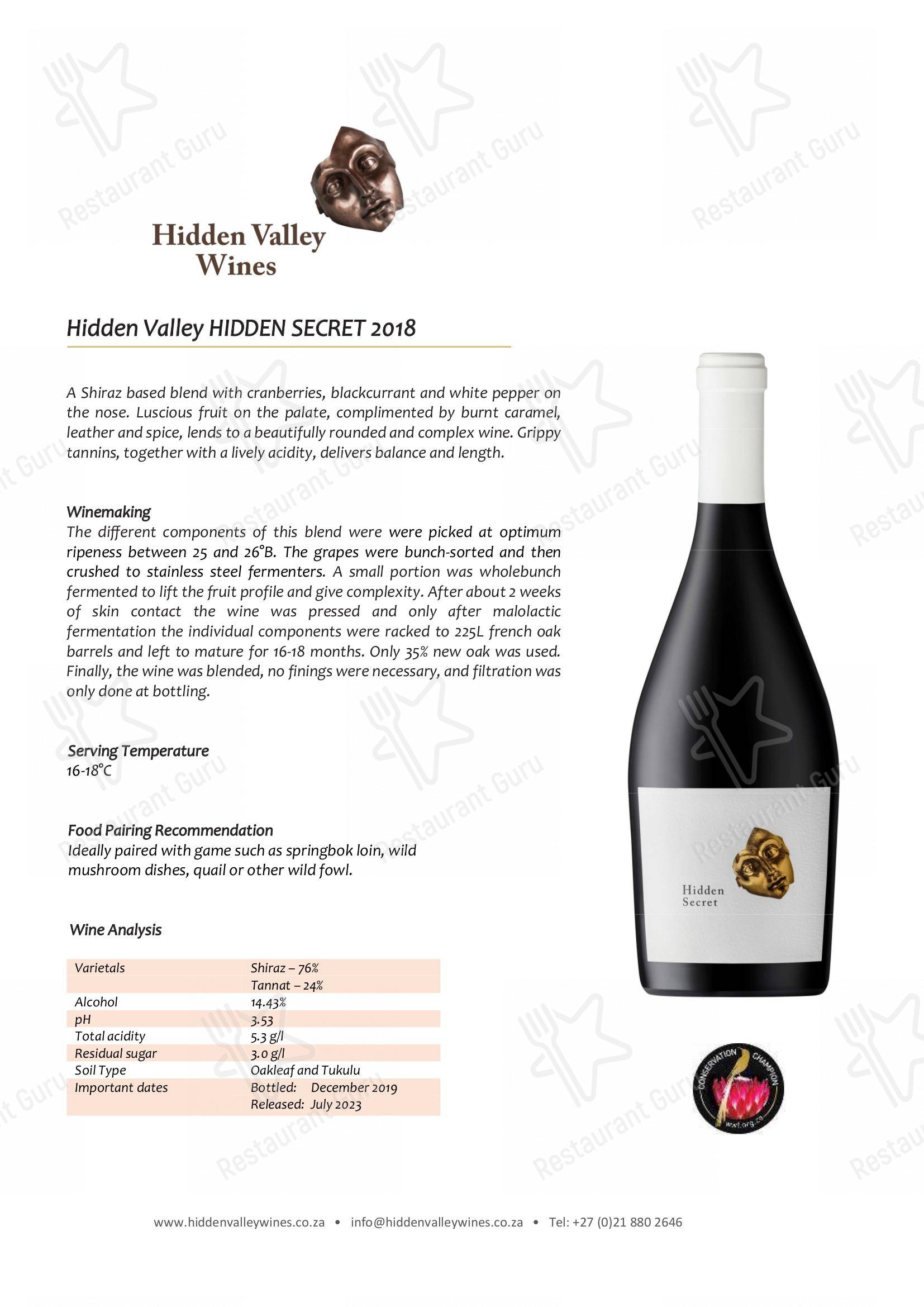 Menu at Hidden Valley Wines pizzeria, Stellenbosch