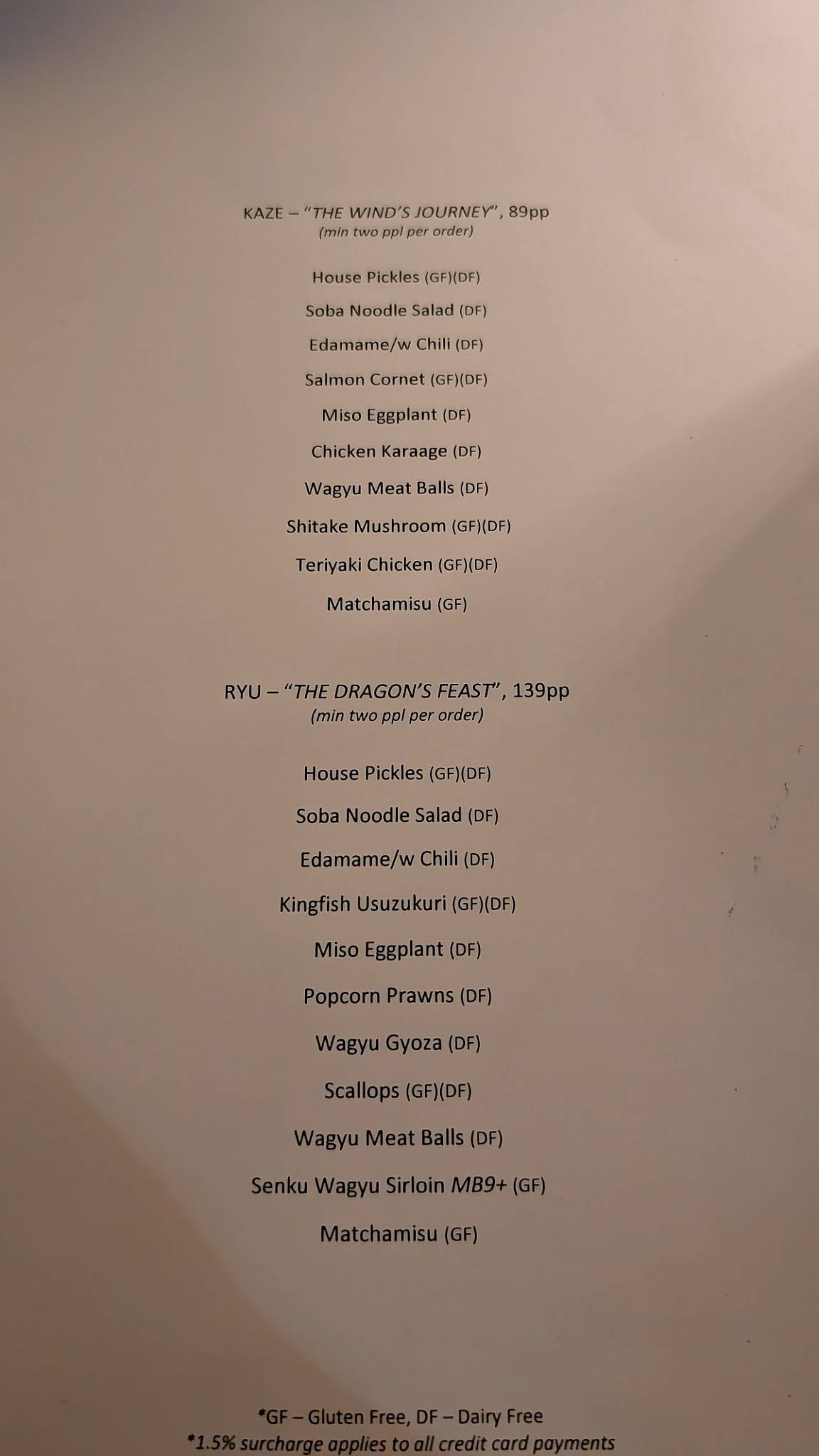 Menu at Hideki restaurant, Brisbane City