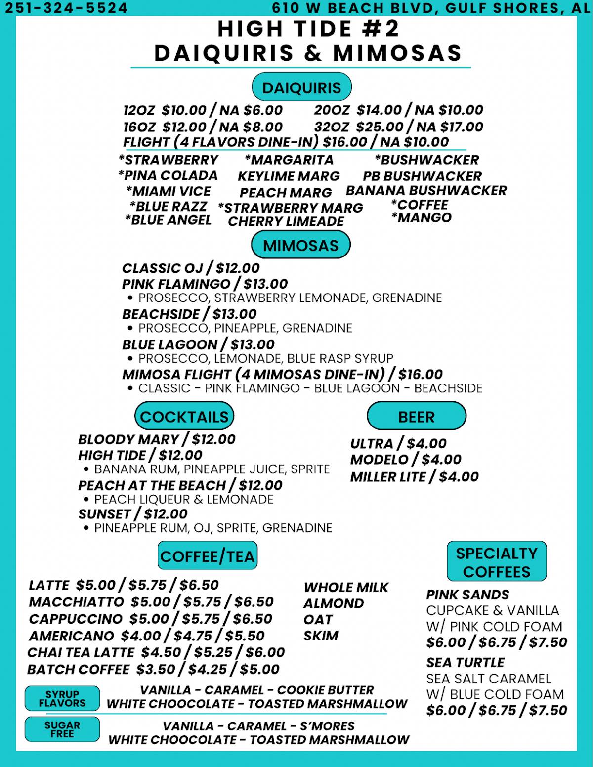 Carta del restaurante High Tide Daiquiris & Mimosas West Beach, Gulf Shores