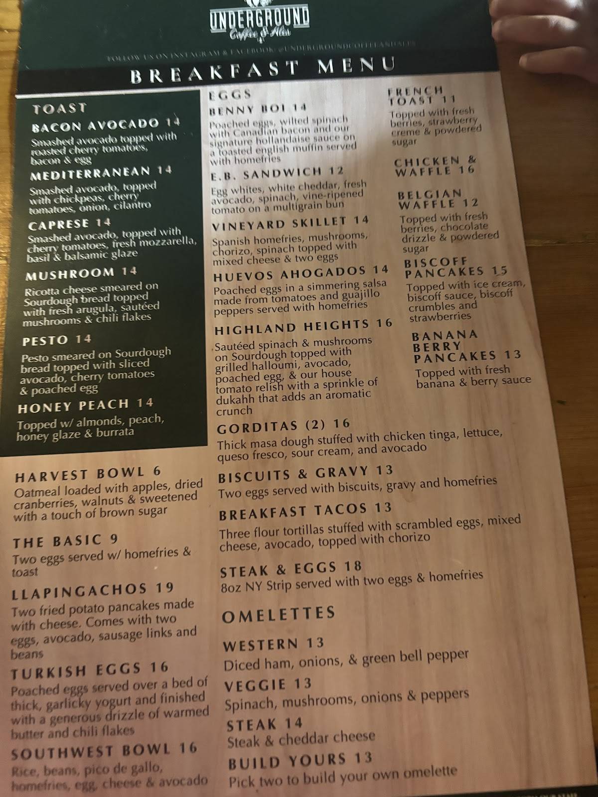 Menu at Underground Coffee & Ales pub & bar, Highland