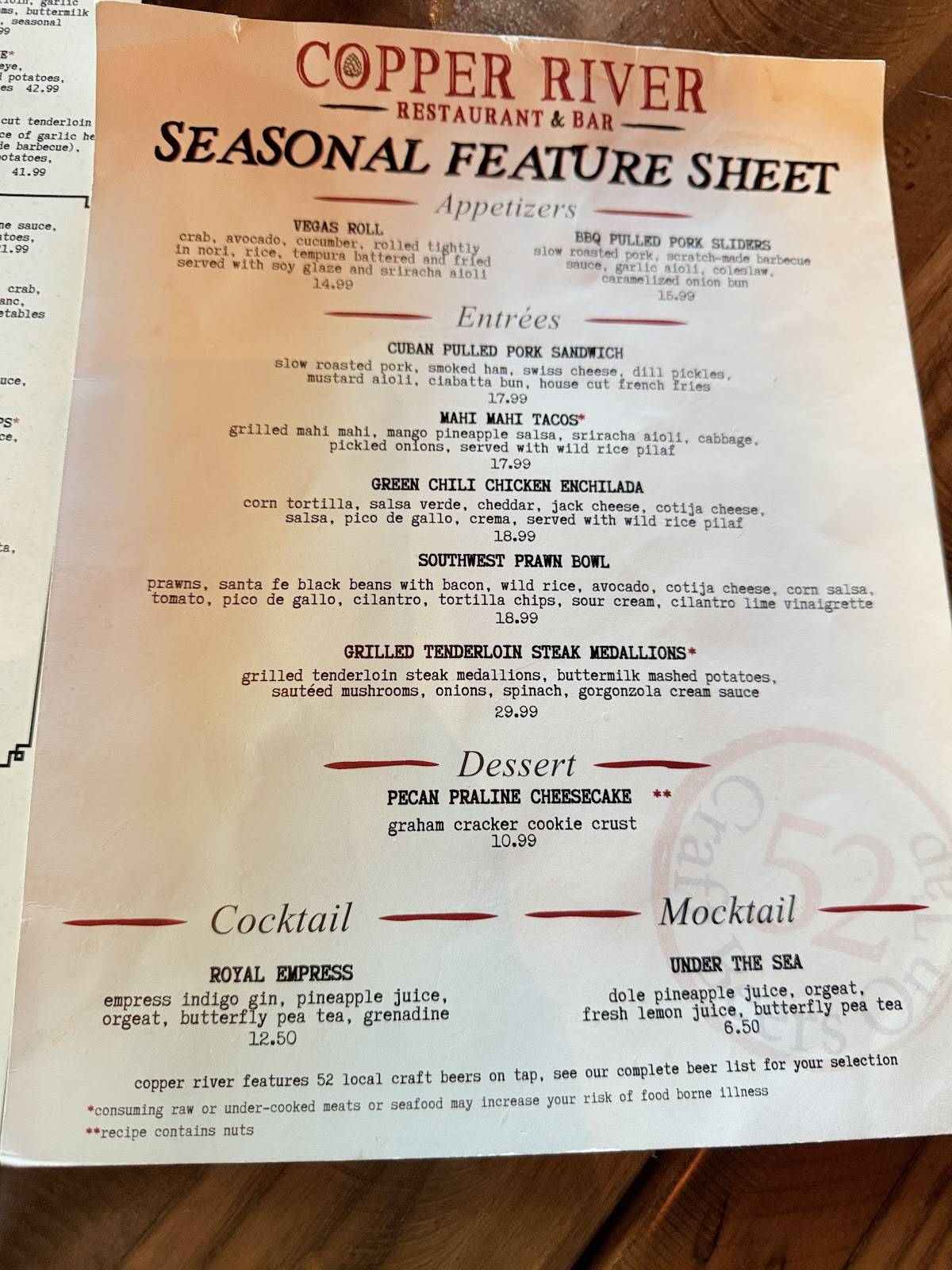 Menu at Copper River Restaurant & Bar, Hillsboro