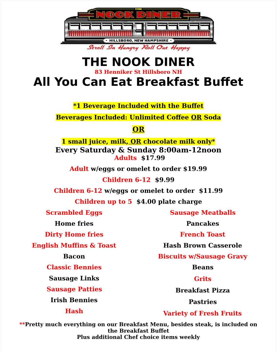 Menu at The Nook Diner restaurant, Hillsboro