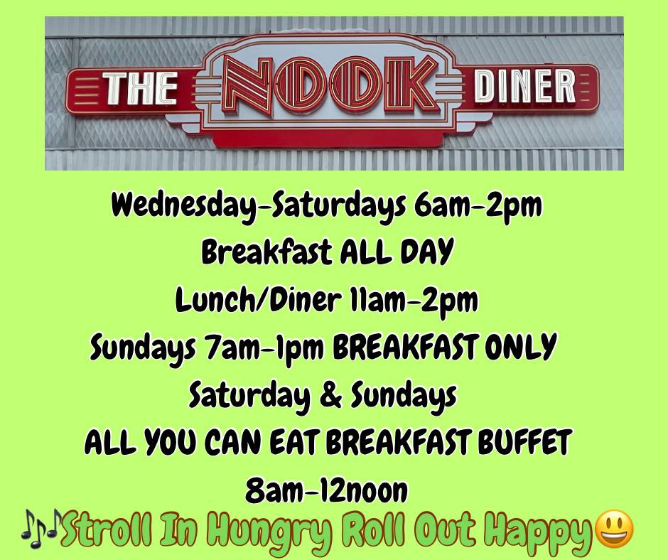 Menu at The Nook Diner restaurant, Hillsboro