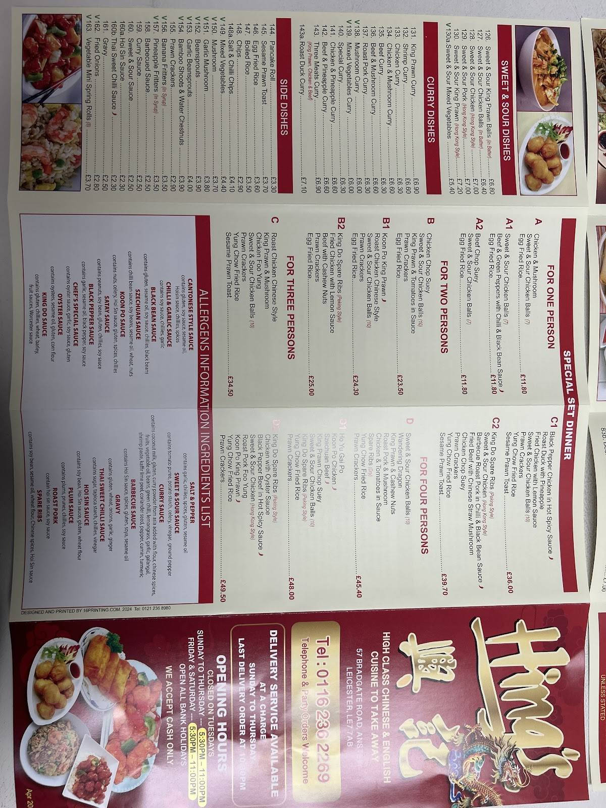 Menu at Hings fast food, Leicester