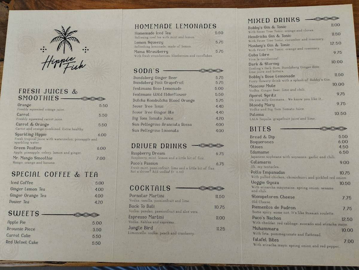 Menu at Hippie Fish, Zandvoort