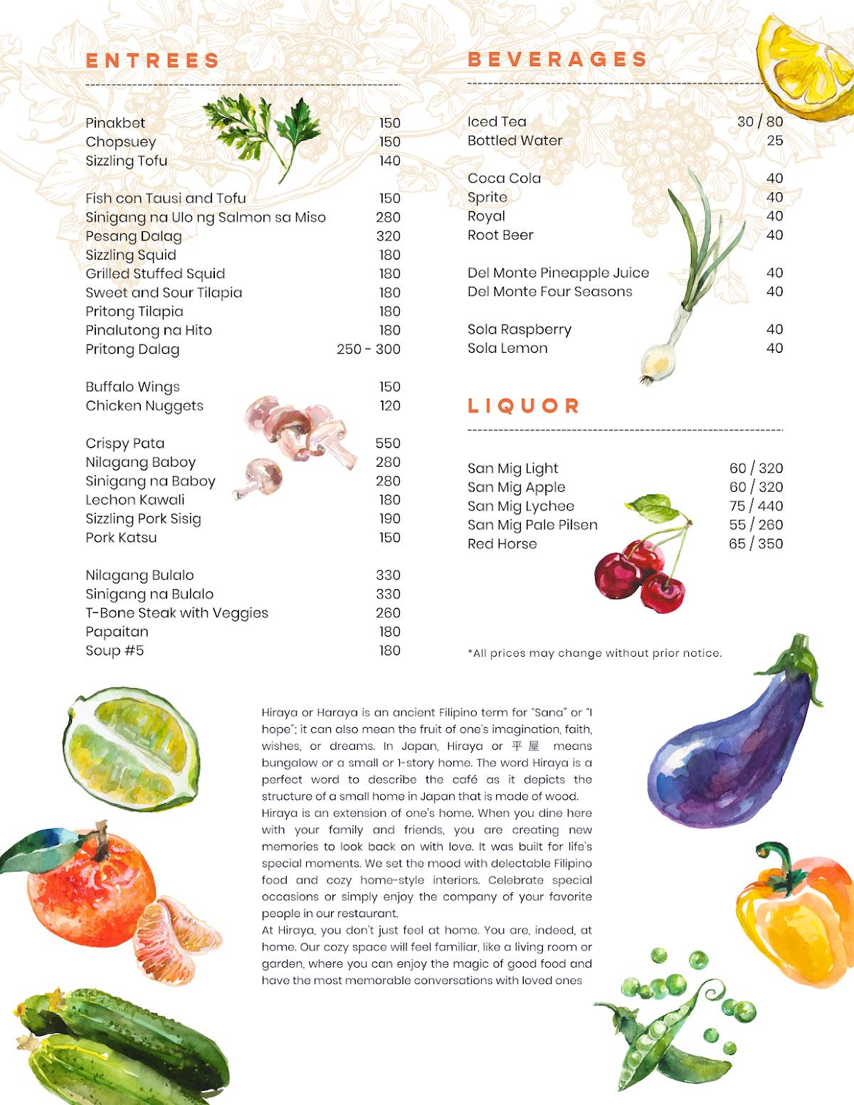 Carta de Hiraya Restaurant, Binangonan