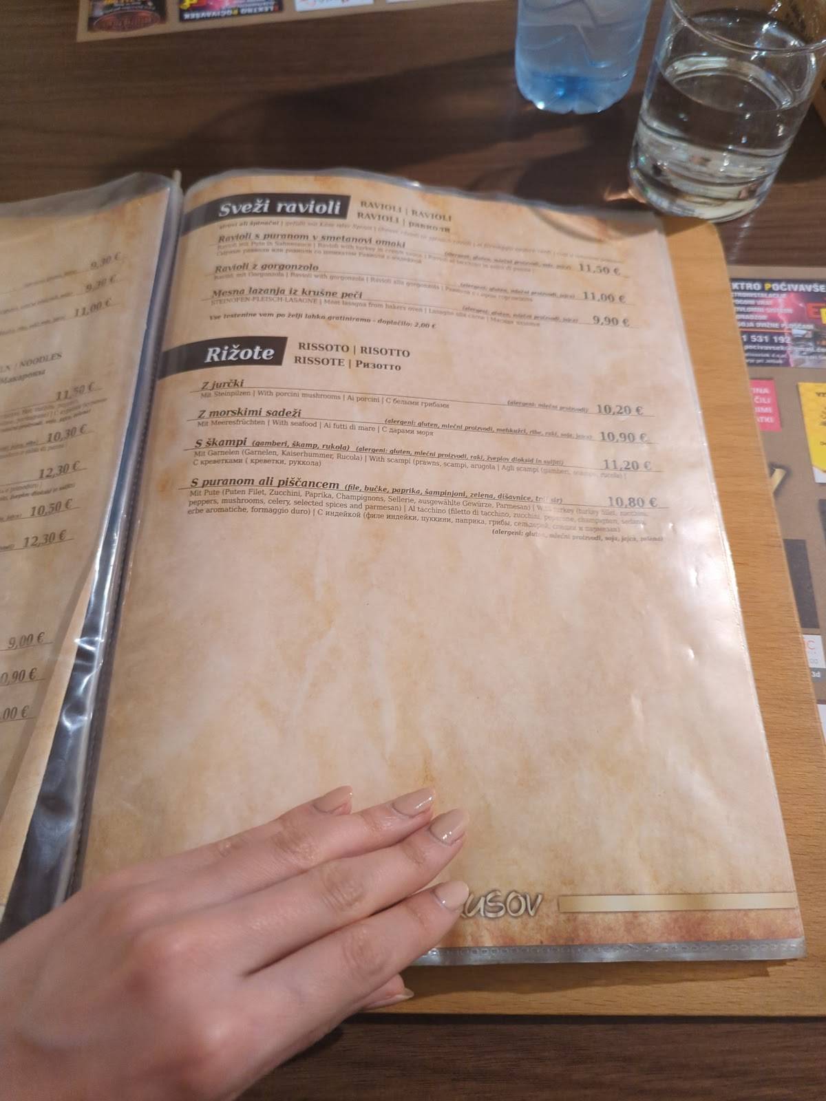 Menu at Hiša Okusov restaurant, Podplat